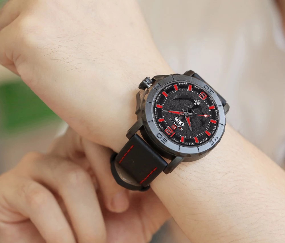 Naviforce Red Black Anchor - Mens Watch - Genuine Leather - Water Resi ...
