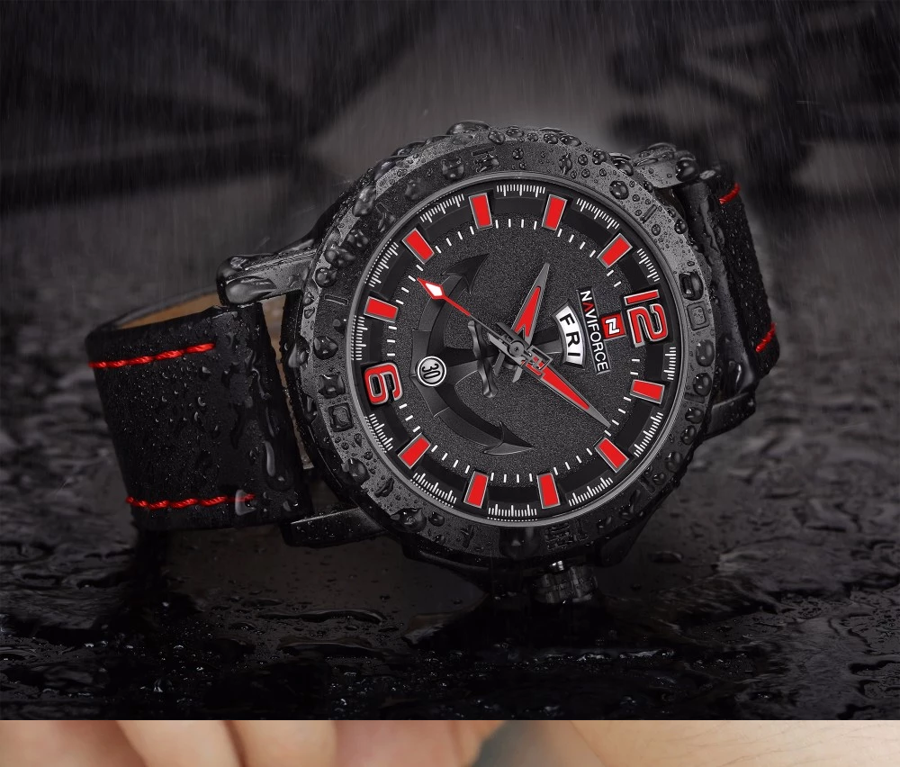 Naviforce Red Black Anchor - Mens Watch - Genuine Leather - Water Resi ...