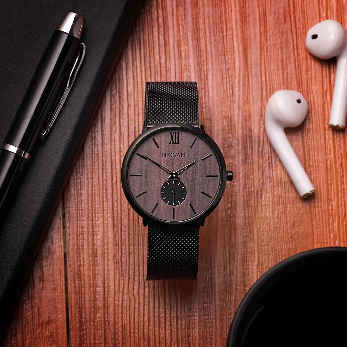 Niovani Dubai (Classic Black & Wooden Brown) - Stainless Steel Back