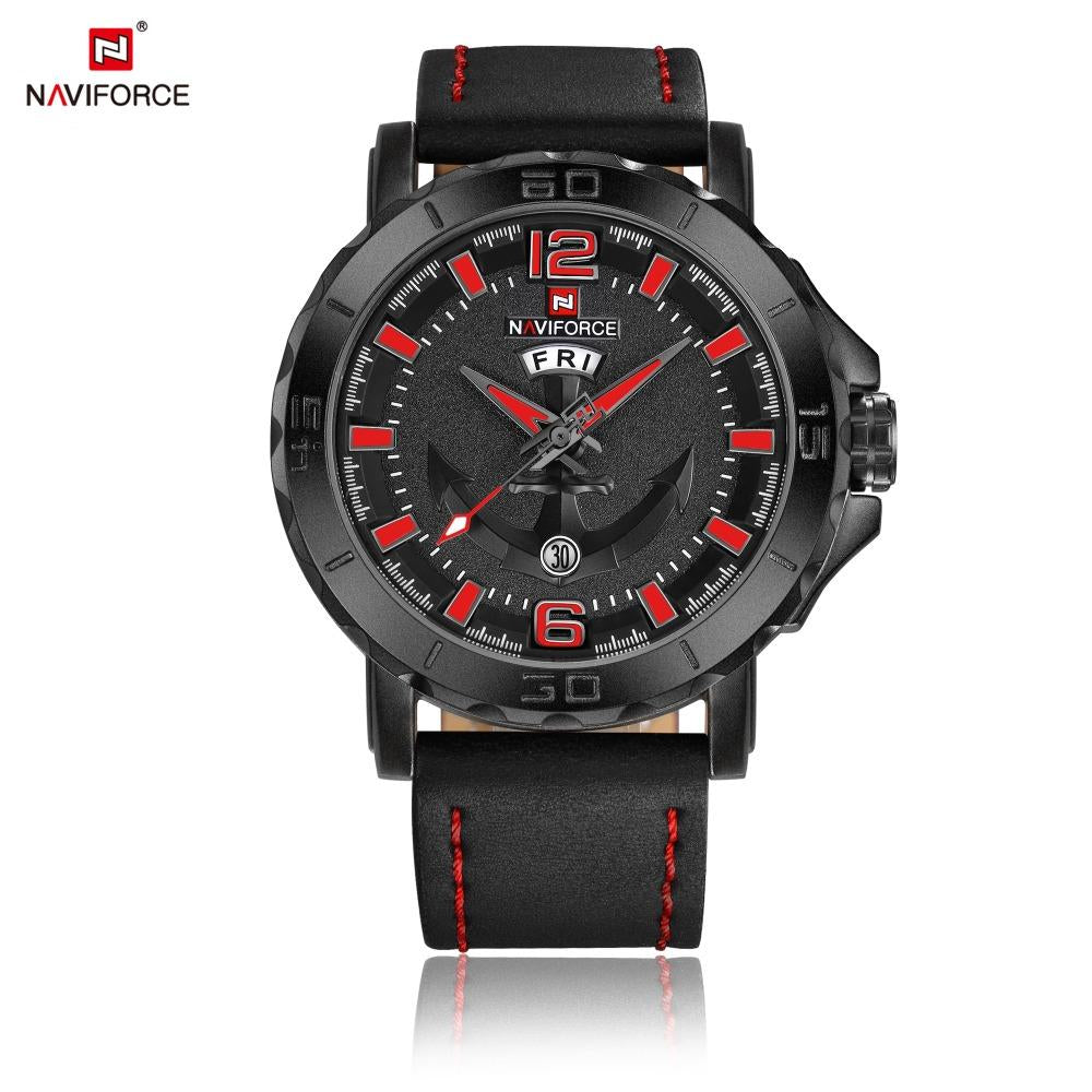 Naviforce Red Black Anchor - Mens Watch - Genuine Leather - Water Resi ...
